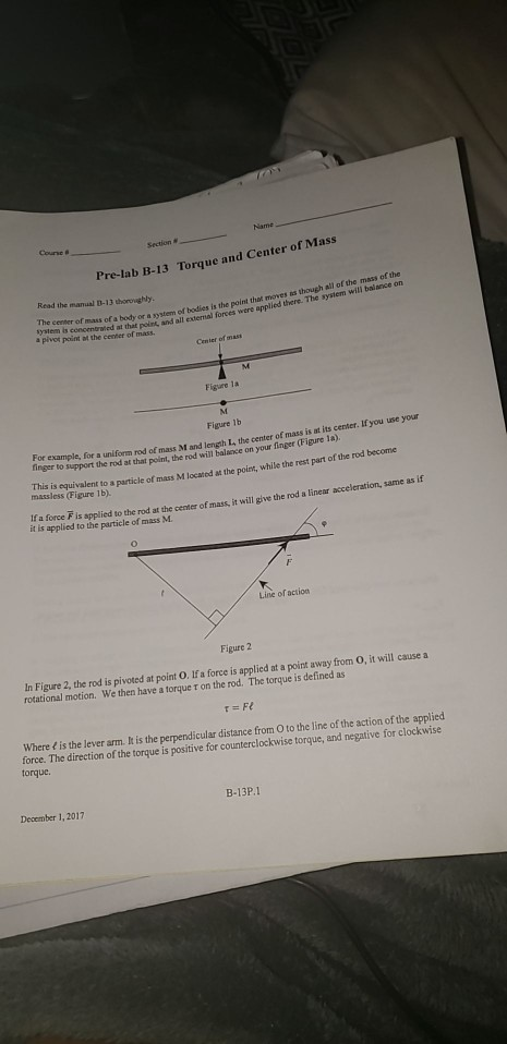 Solved Course Pre-lab B-13 Torque and Center of Mass Read | Chegg.com