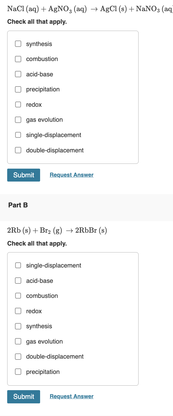 Solved NaCl(aq)+AgNO3(aq)→AgCl(s)+NaNO3(aq Check all that | Chegg.com