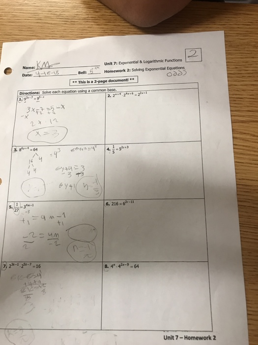 Solved Name Unit 7 Exponential Logarithmic Functions Chegg