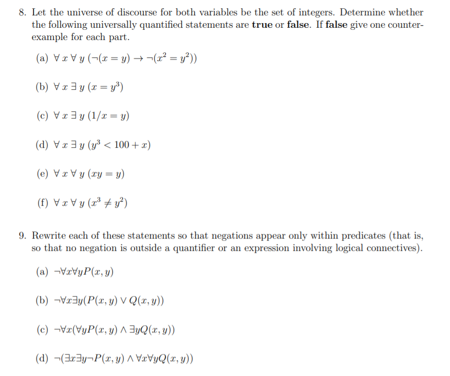 Solved 8. Let the universe of discourse for both variables | Chegg.com