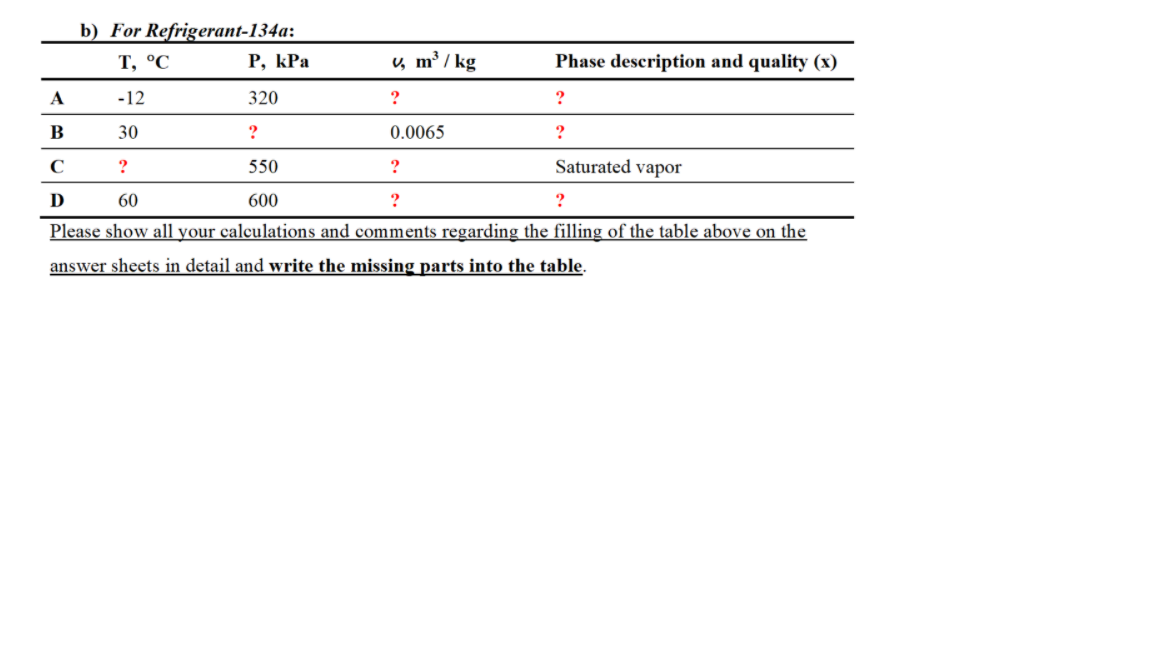 1. Determine the missing properties and the phase | Chegg.com