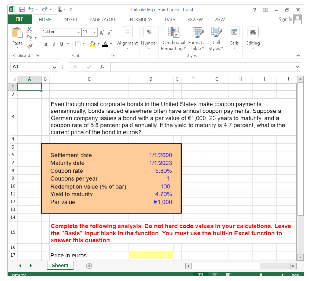 Solved X A5 Calculating a bond price - Excel - X 1 FILE HOME | Chegg.com