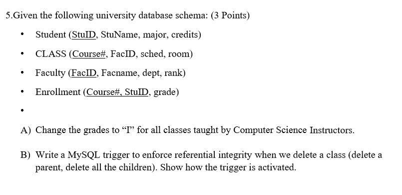 Solved 5. Given the following university database schema: (3 | Chegg.com