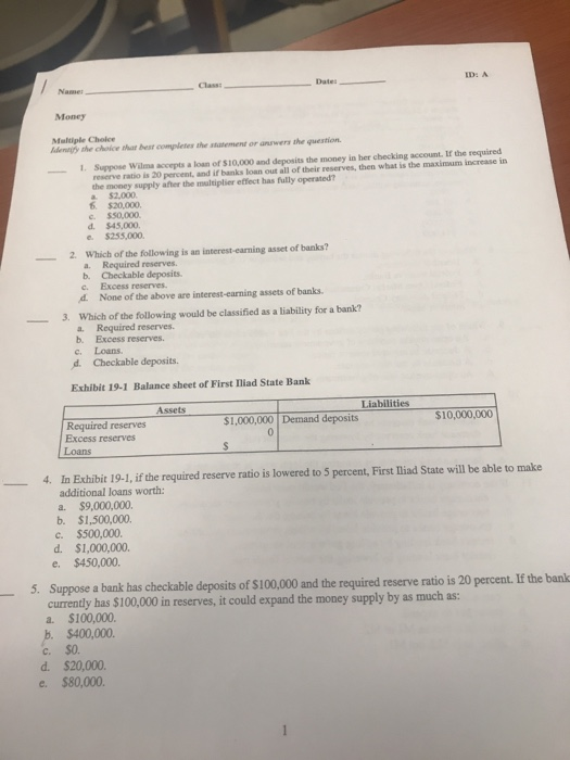 Solved ID: A Class Dates Money Maltiple Cholce | Chegg.com