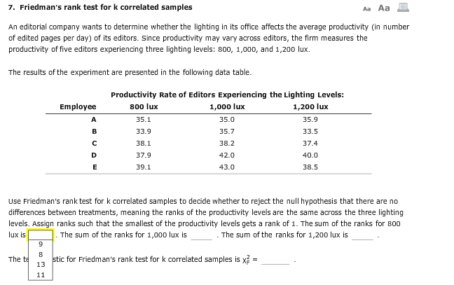 Solved 7. Friedman's rank test for k correlated samples Aa | Chegg.com