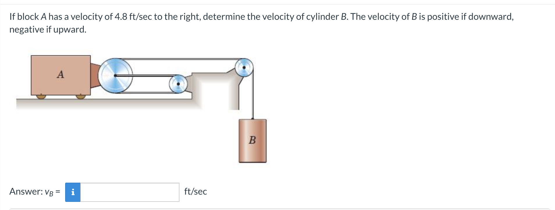 Solved If block A has a velocity of 4.8ft/sec to the right, | Chegg.com