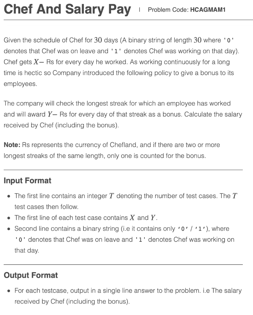 Solved Chef And Salary Pay | Problem Code: HCAGMAM1 Given | Chegg.com
