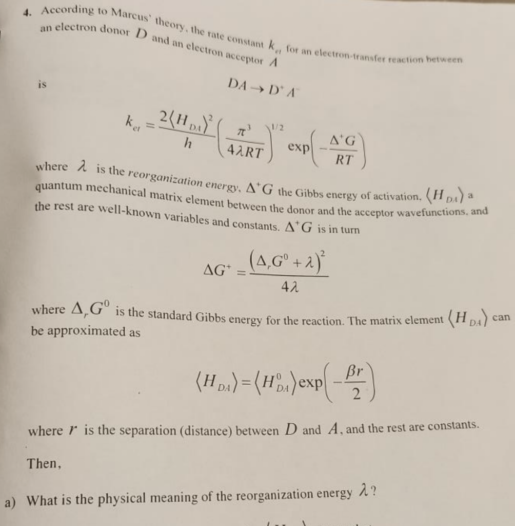 Solved 4. According to Marcus' theory, the rate constant ke1 | Chegg.com