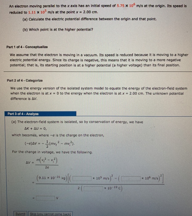 Solved An electron moving parallel to the x axis has an | Chegg.com