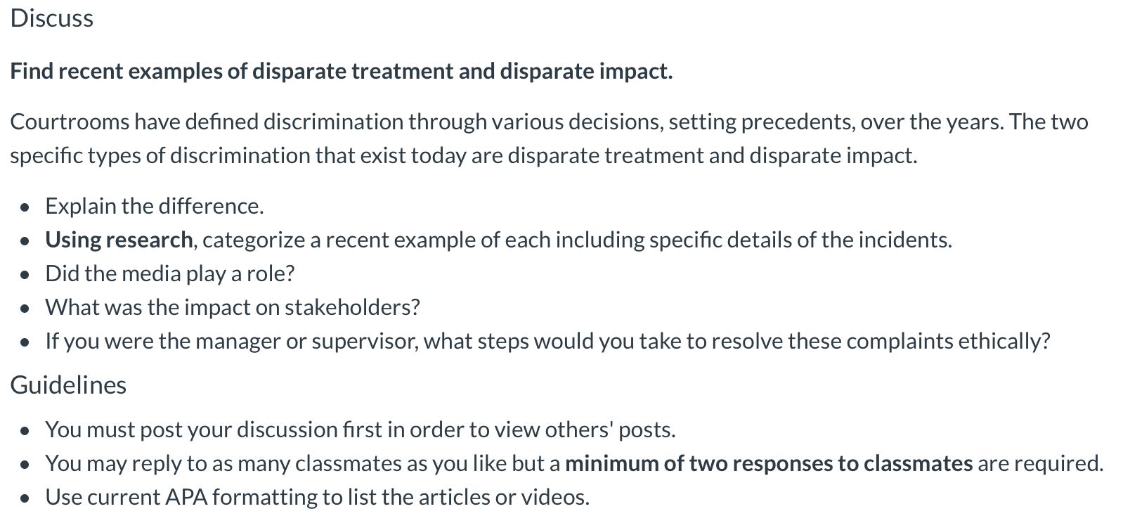 Solved Discuss Find recent examples of disparate treatment | Chegg.com