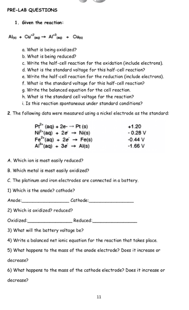 Solved PRE-LAB QUESTIONS 1. Given the reaction a. What is | Chegg.com