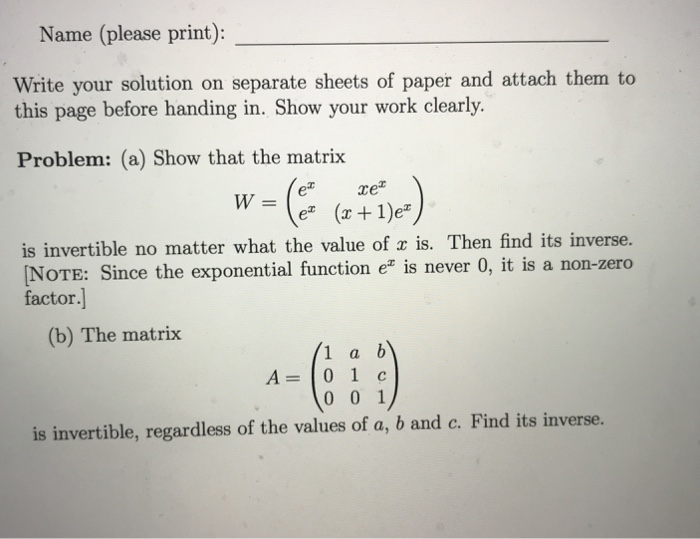 Solved Name (please print): Write your solution on separate | Chegg.com