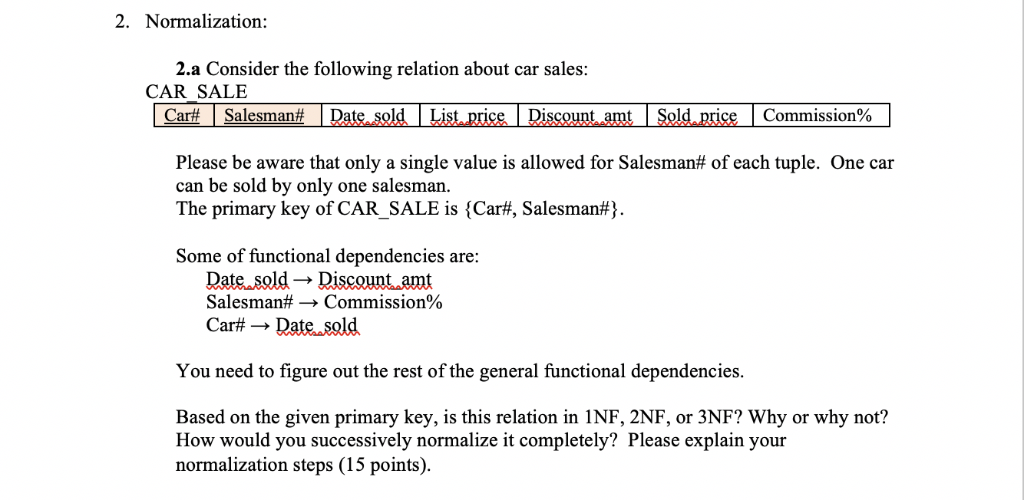 Solved 2. Normalization: 2.a Consider the following relation | Chegg.com