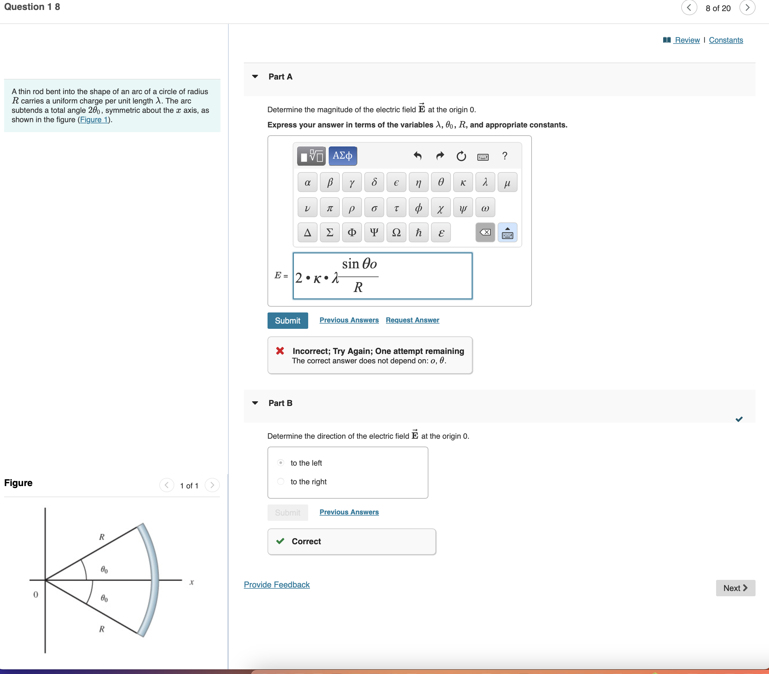 Solved A thin rod bent into the shape of an arc of a circle | Chegg.com