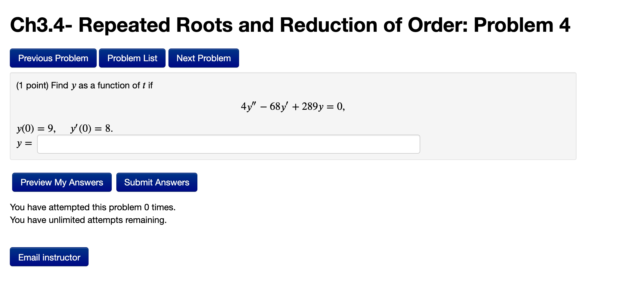 Solved (1 point) Find 𝑦y as a function of 𝑡t | Chegg.com
