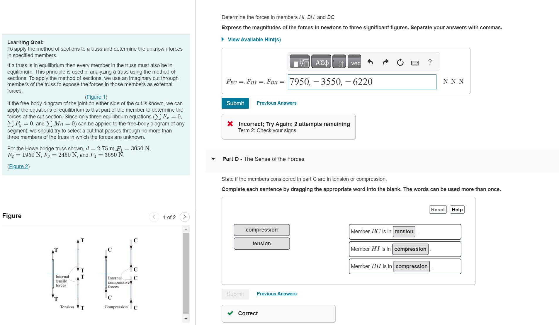 Solved Determ forces in members HI,BH, ﻿and BC.Express the | Chegg.com