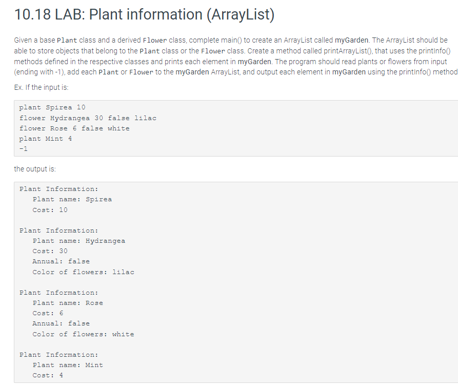 Solved 10.18 LAB: Plant information (ArrayList) Given a base | Chegg.com
