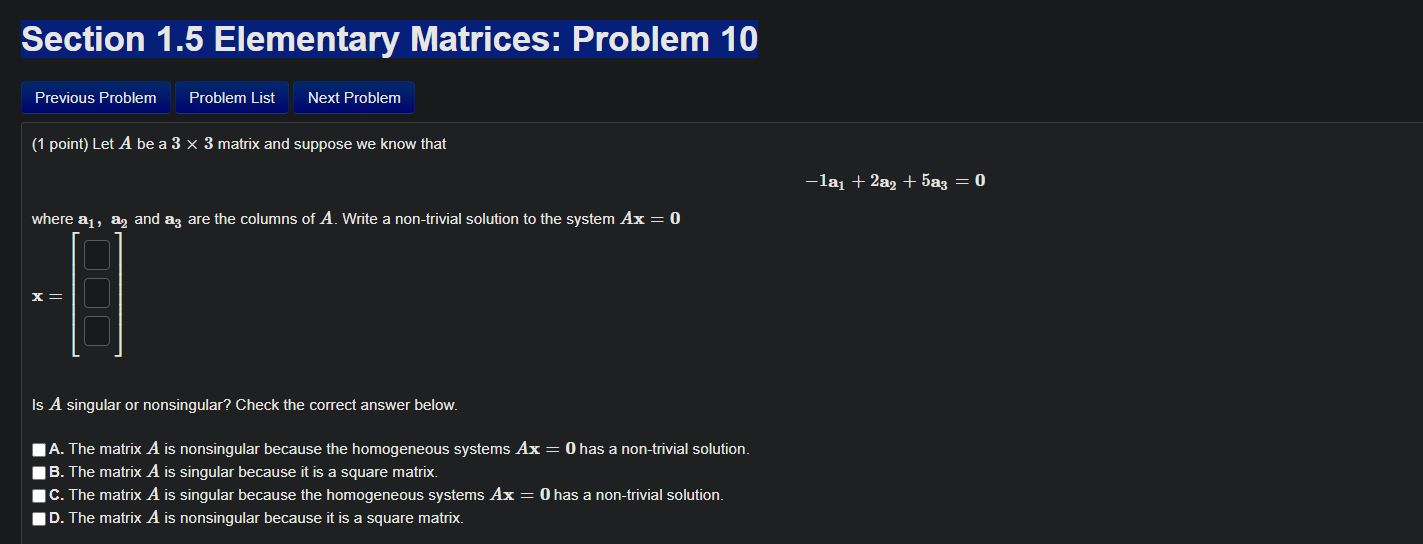 Solved Section 1.5 Elementary Matrices: Problem 10 Previous | Chegg.com