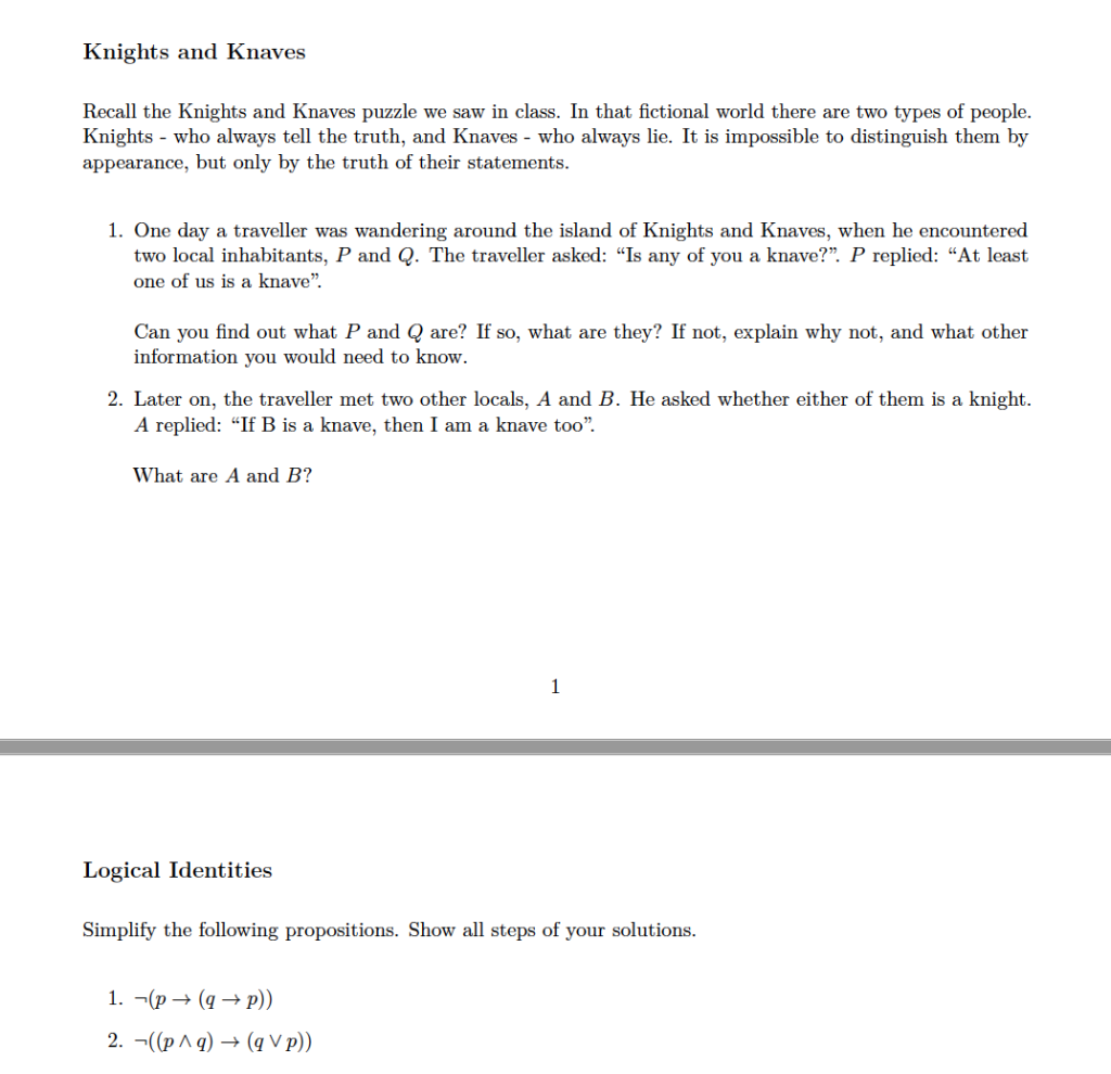 Solved Knights and Knaves Recall the Knights and Knaves | Chegg.com