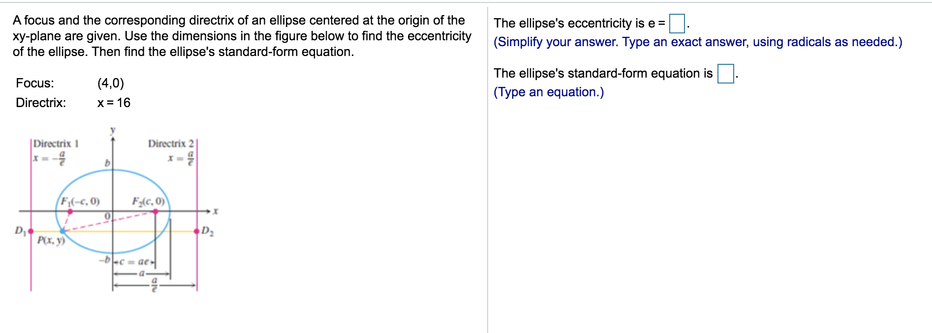 Solved A focus and the corresponding directrix of an ellipse | Chegg.com