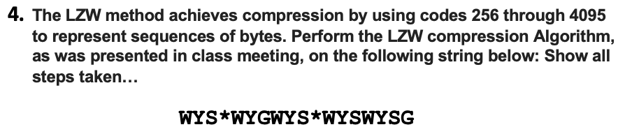 Solved 4. The LZW method achieves compression by using codes | Chegg.com