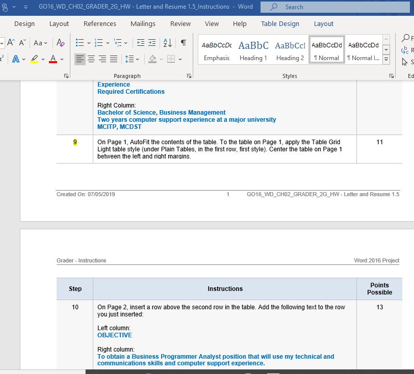 GO16_WD_CH02_GRADER_2G_HW - Letter and Resume 1.5 | Chegg.com