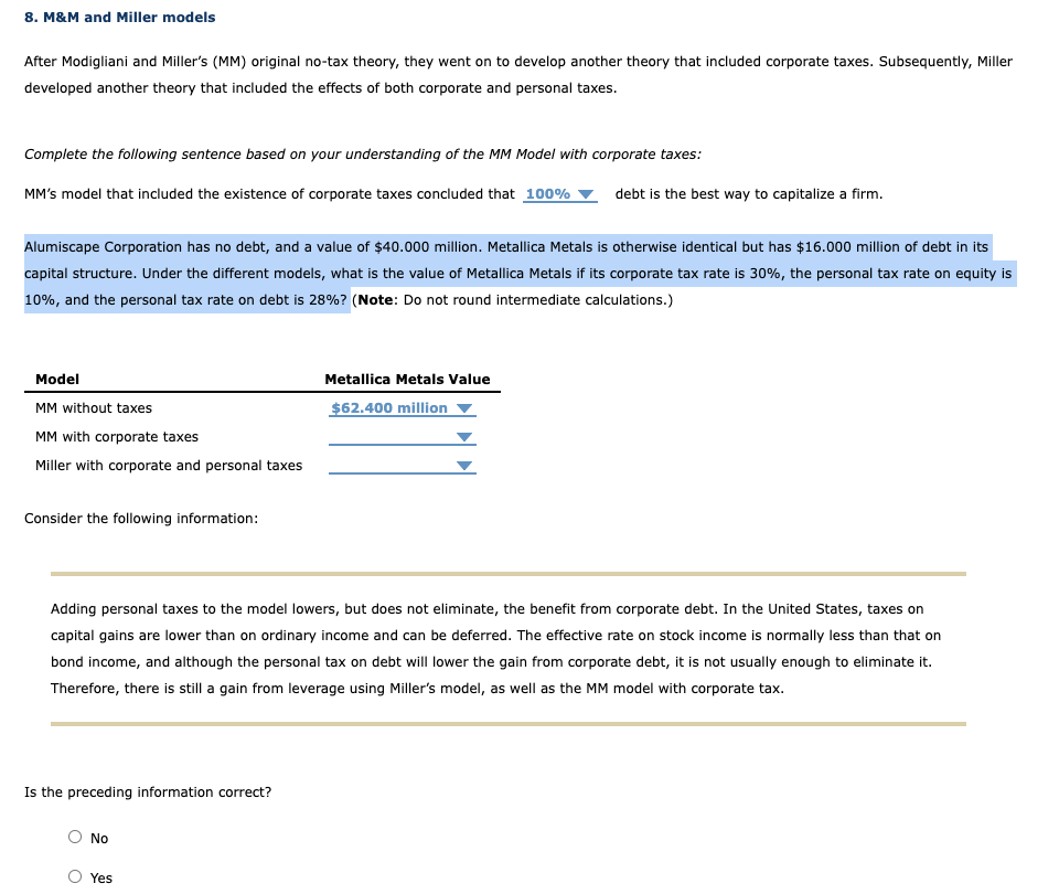 Solved 8. M&M and Miller models After Modigliani and | Chegg.com