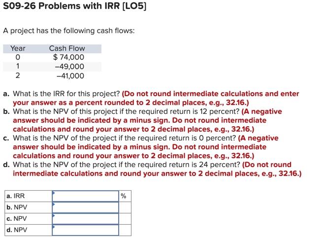 S09-26 Problems with IRR (LO5] A project has the | Chegg.com