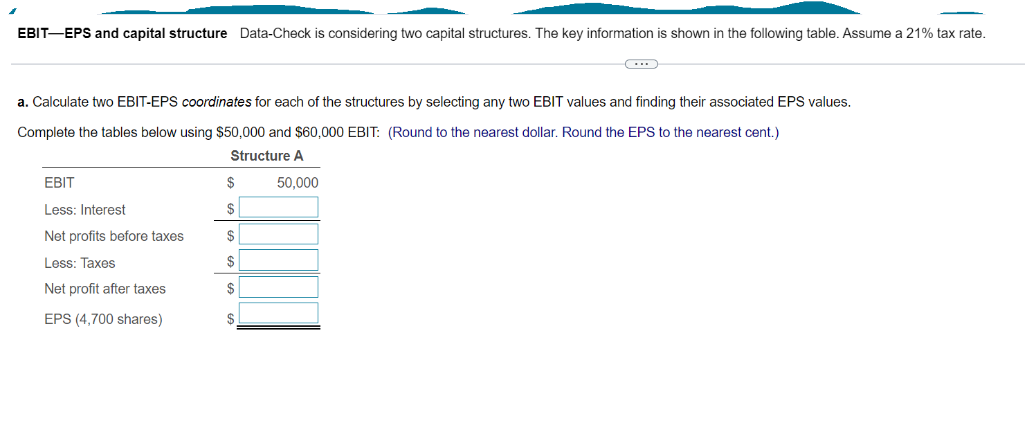Solved EBIT—EPS and capital structure Data-Check is | Chegg.com
