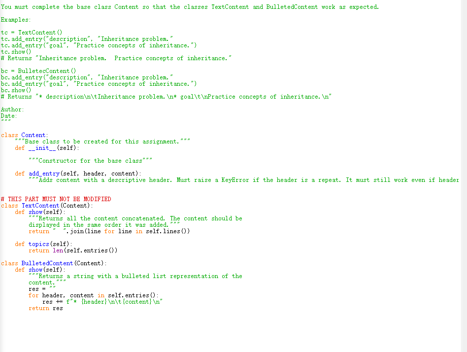 Solved You must complete the base class Content so that the | Chegg.com