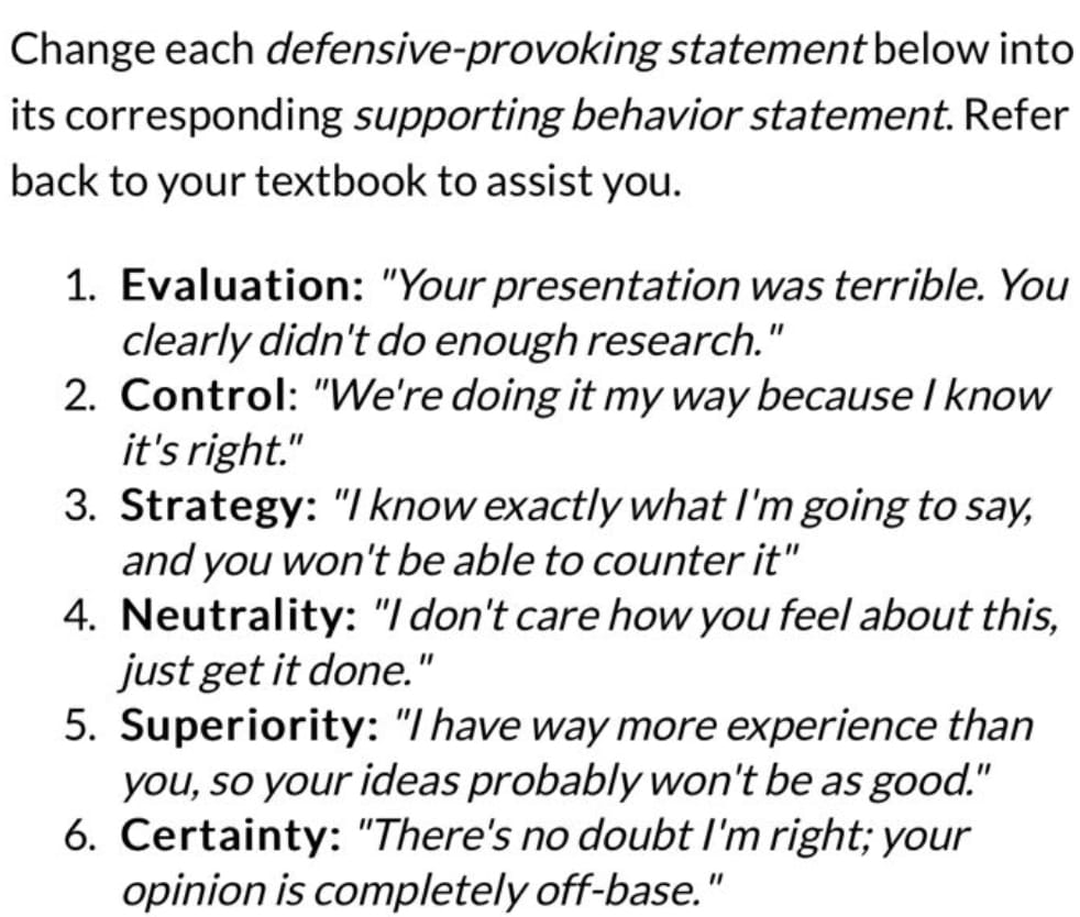 pls helpChange each defensive-provoking statement | Chegg.com