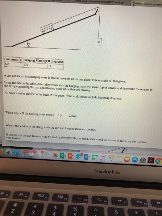 Solved CHM102/Lec12.pdt Cart mass @) Hanging Mass ( degrees) | Chegg.com
