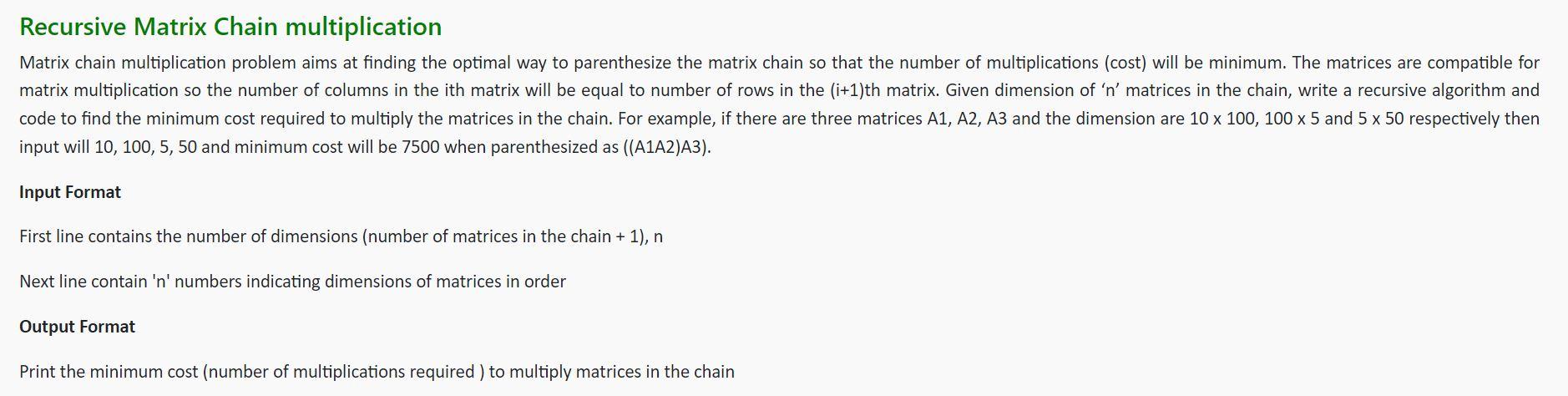 Solved Recursive Matrix Chain multiplication Matrix chain | Chegg.com