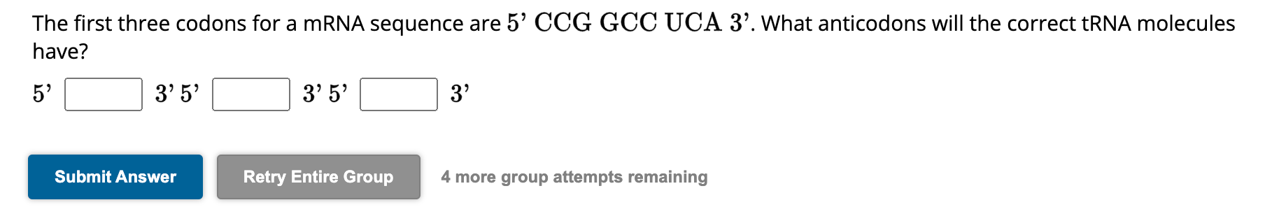 Solved The first three codons for a mRNA sequence are 5' CCG | Chegg.com