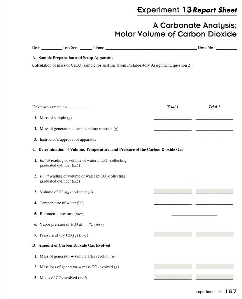 Experiment 13 Report Sheet A Carbonate Analysis; | Chegg.com