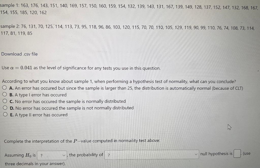 Solved Download .csv file Use α=0.041 as the level of | Chegg.com