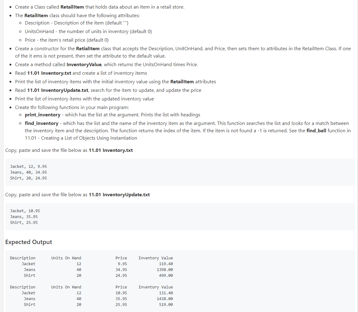 Solved • Create a Class called Retailltem that holds data | Chegg.com