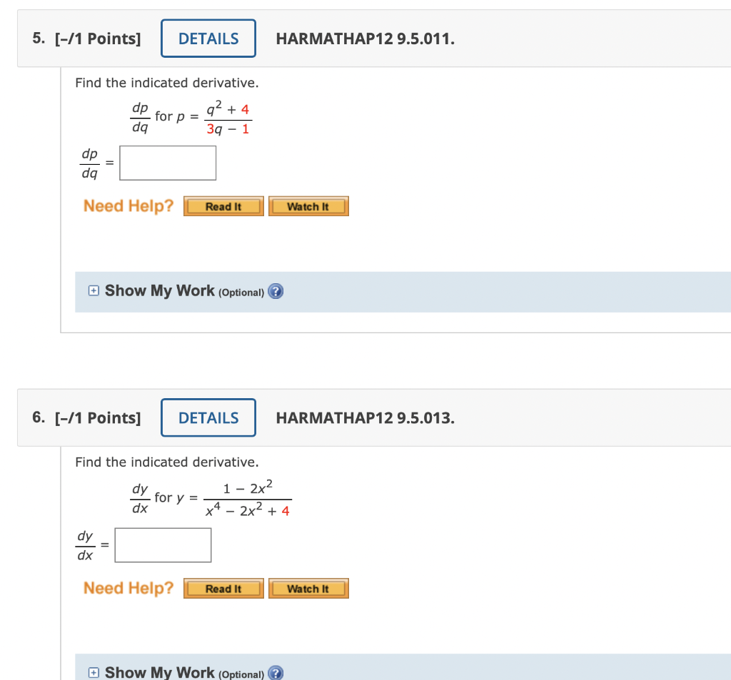 Solved Find the indicated derivative. dqdp for p=3q−1q2+4 | Chegg.com