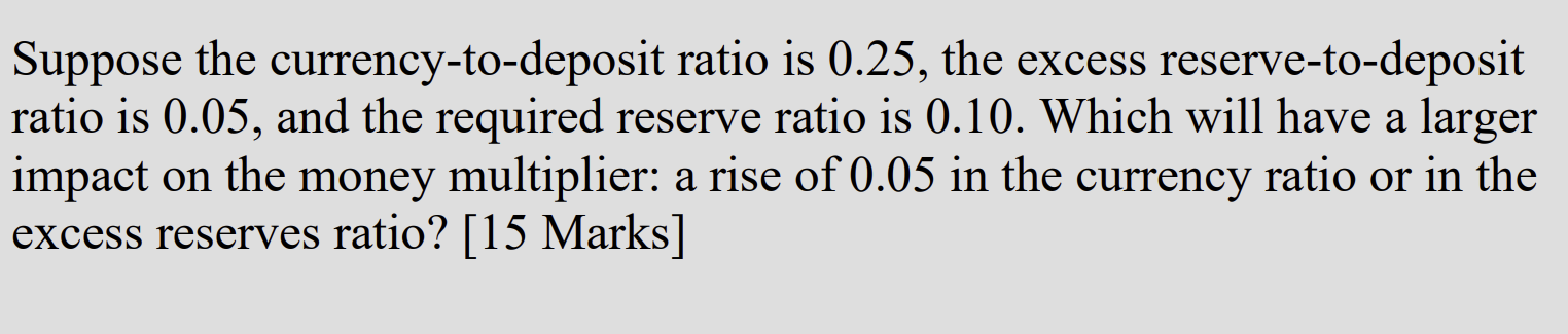 Solved Suppose the currency-to-deposit ratio is 0.25 , the | Chegg.com