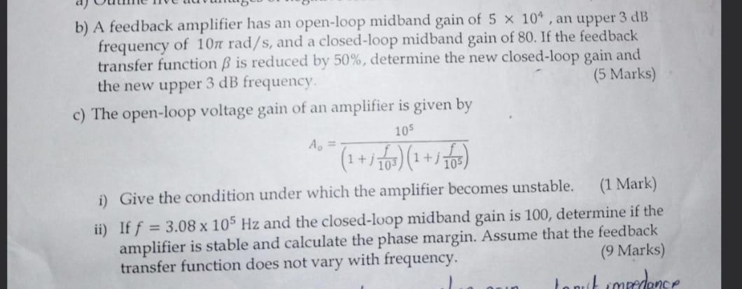 Solved b) A feedback amplifier has an open-loop midband gain | Chegg.com