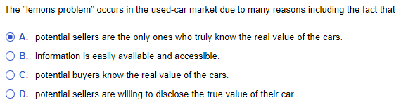 Solved The "lemons problem" occurs in the used-car market | Chegg.com