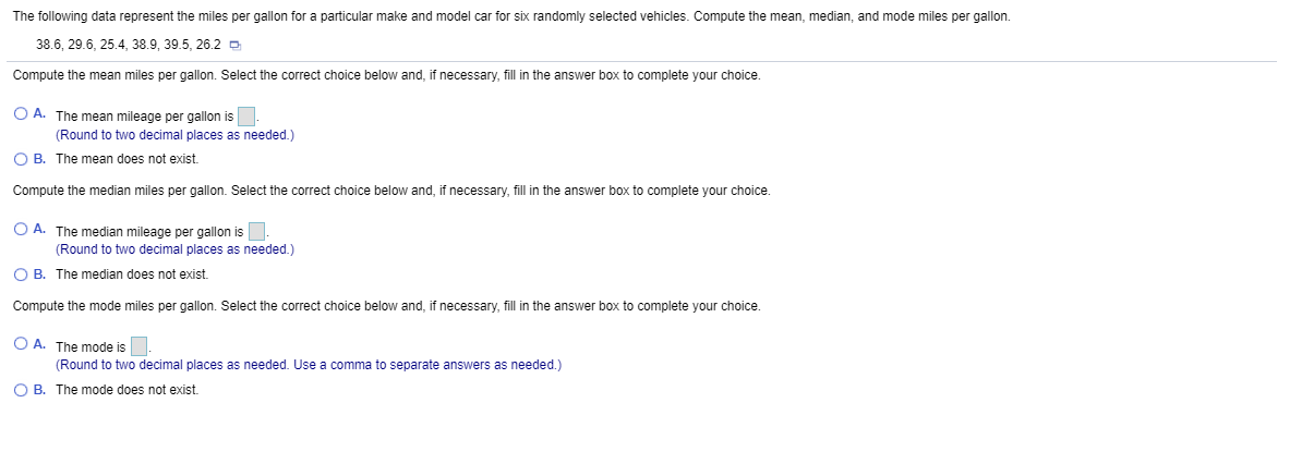 Solved The following data represent the miles per gallon for | Chegg.com