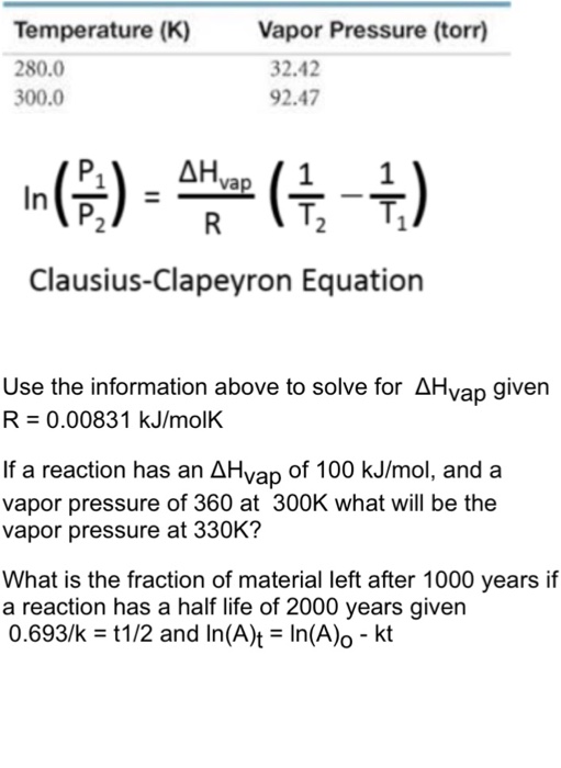 Solved ln(P_1/P_2) = Delta H_vap/R (1/T_2 - 1/T_1) | Chegg.com