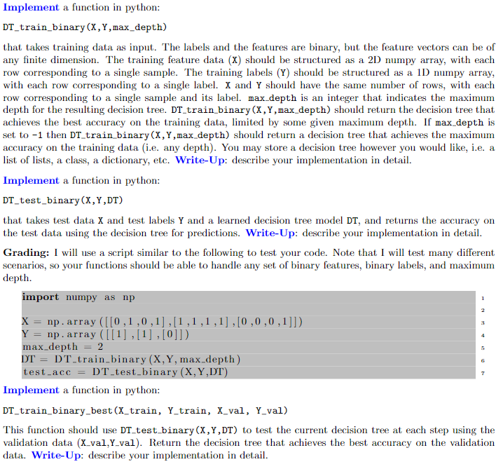 Implement a function in python: DT train binary (X, | Chegg.com