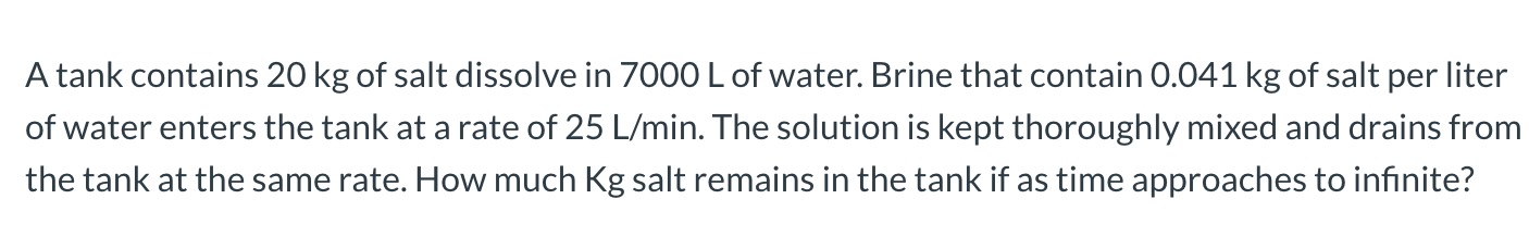 Solved A tank contains 20 kg of salt dissolve in 7000 L of | Chegg.com