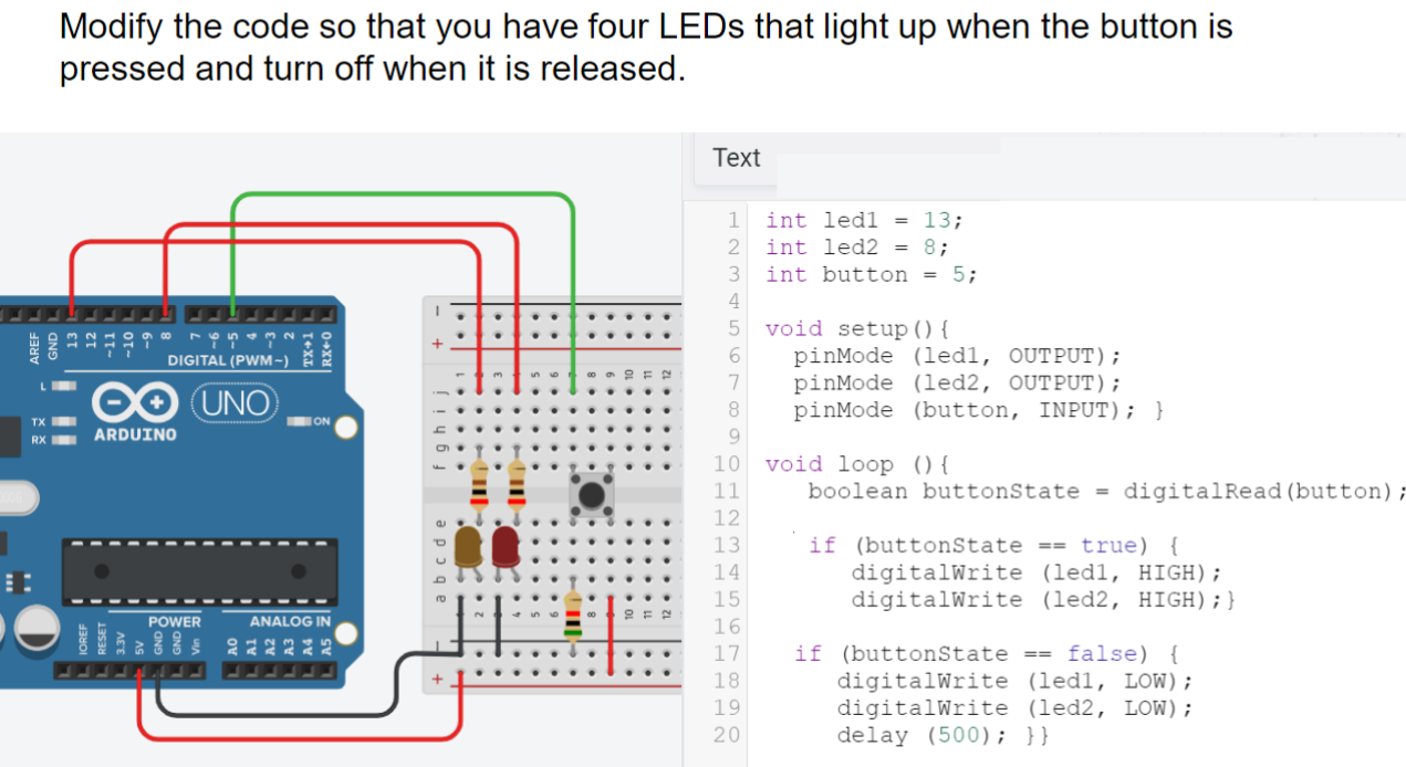 Solved Modify the code so that you have four LEDs that light | Chegg.com