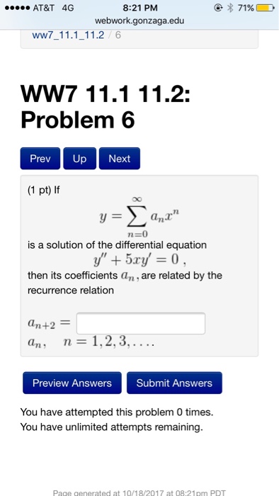 Solved AT&T 4G 8:21 PM * 71%) webwork.gonzaga.edu ww7 11.1 | Chegg.com