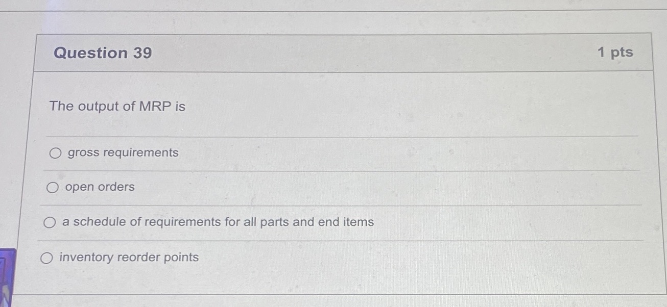 Solved Question 39The output of MRP isgross requirementsopen | Chegg.com
