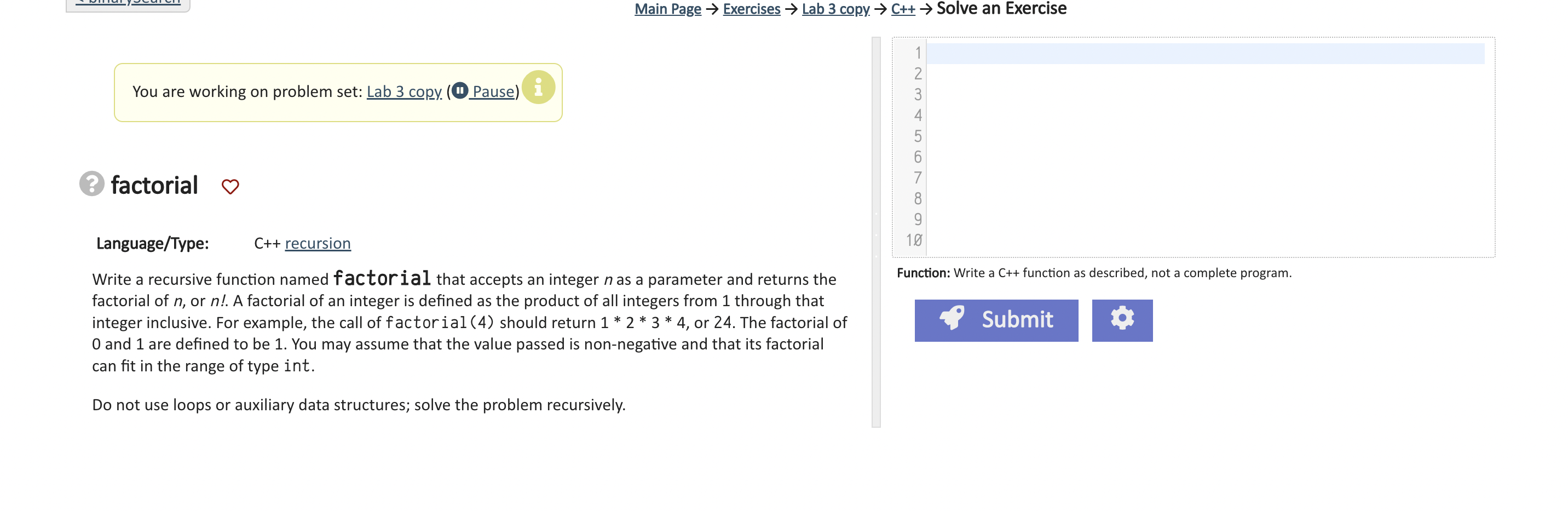 Solved Main Page → Exercises → Lab 3 Copy →c→ Solve An 