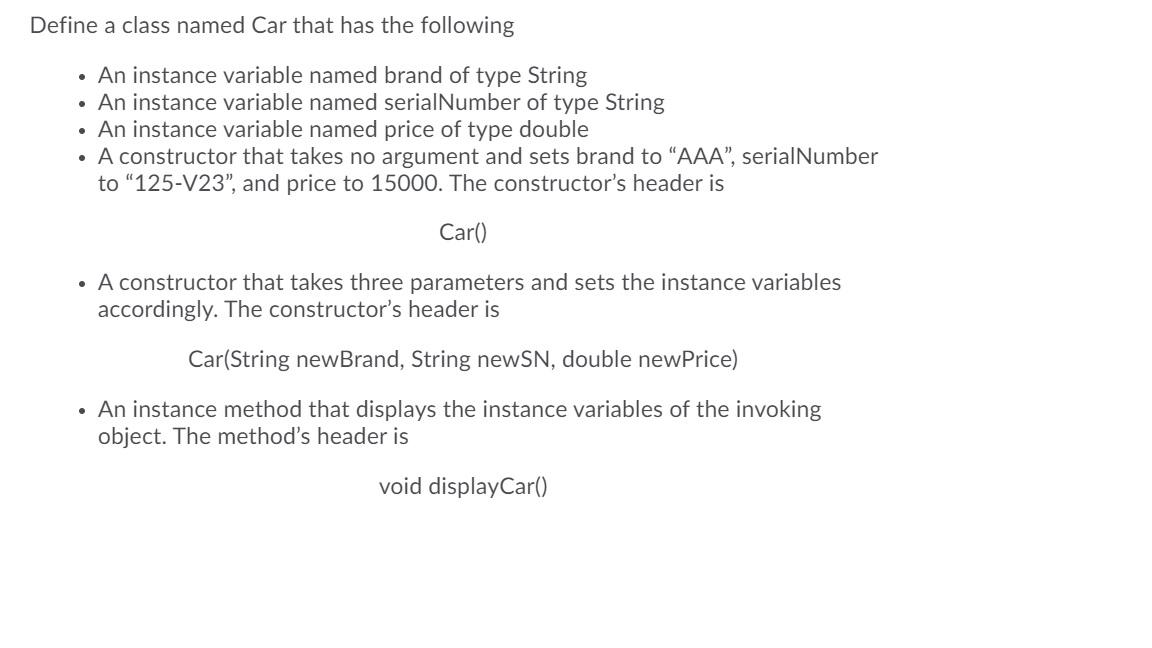Solved Define a class named Car that has the following • An | Chegg.com